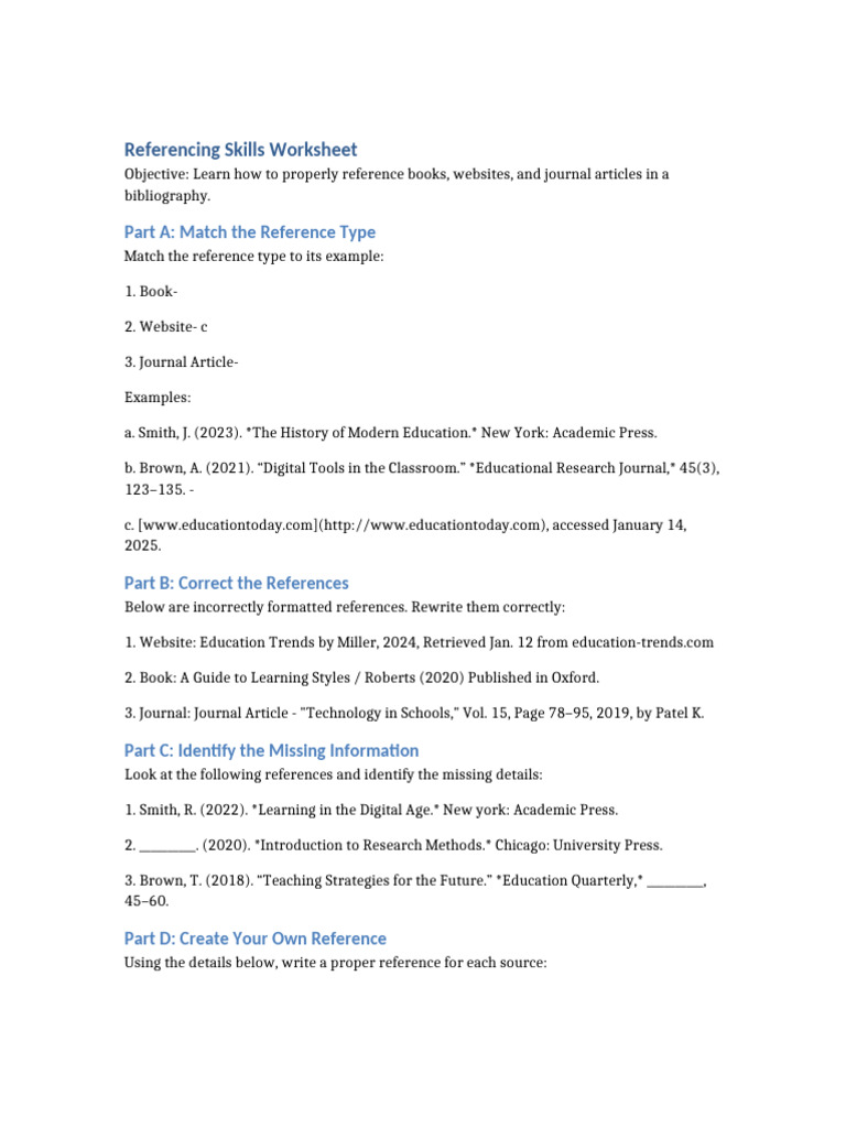 Referencing_Skills_Worksheet | PDF