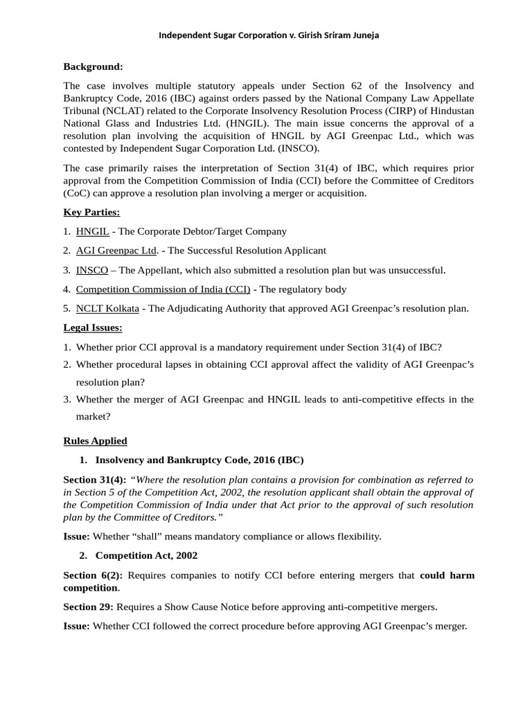 IBC Compliance in Sugar Corp. Case | PDF | Bankruptcy | Competition Law