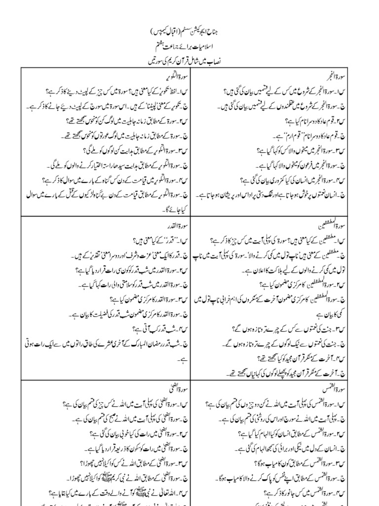 Class 7t Sheet Islamiat | PDF