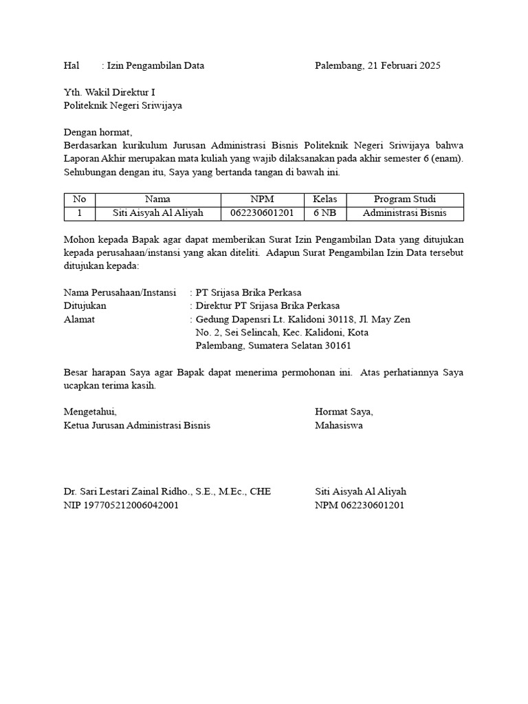 Surat Permohonan Pengambilan Data LA (Jurusan) | PDF