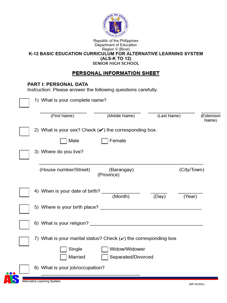 ALS SHS Personal Information Sheet | PDF