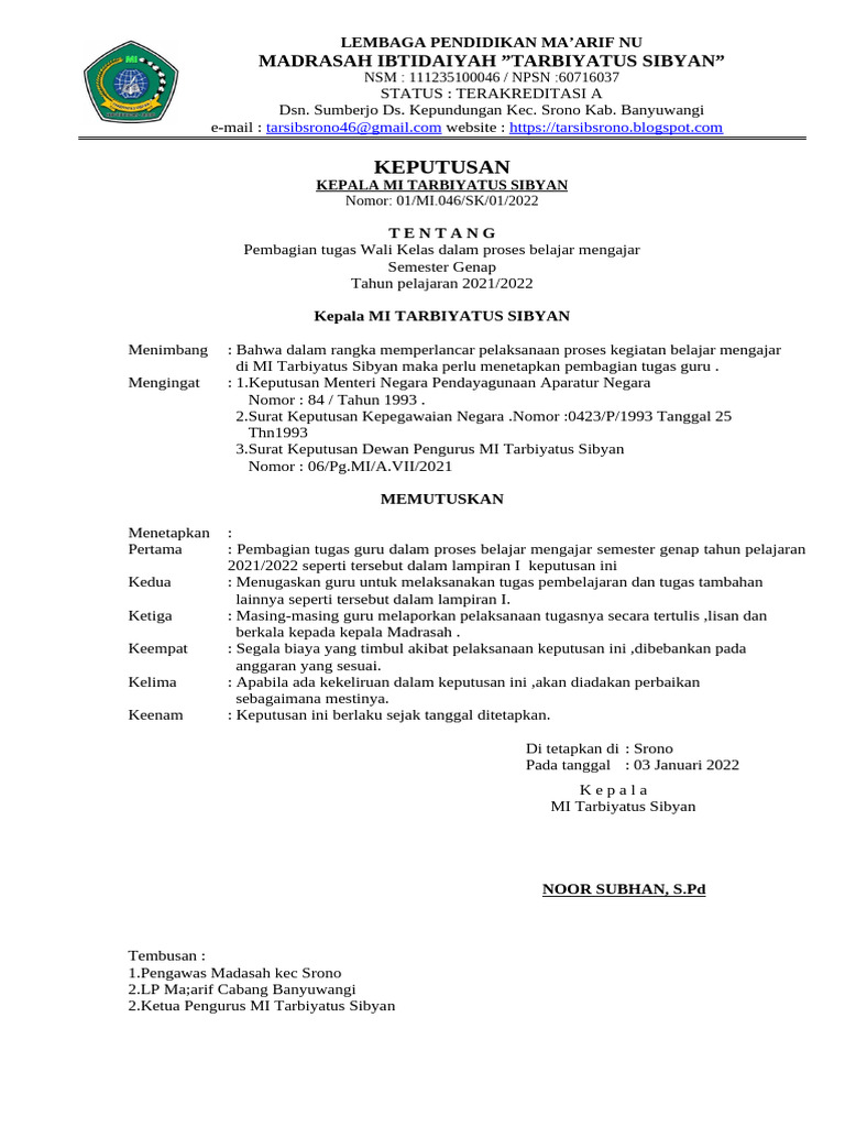 SK-Jadwal Pembagian Tugas MI Genap 2021-2022 | PDF