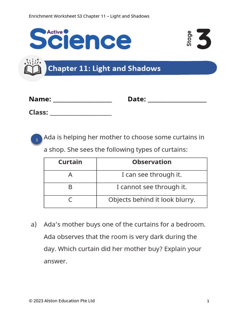 Active Science 3 C11 Enrichment Worksheet | PDF | Shadow | Waves