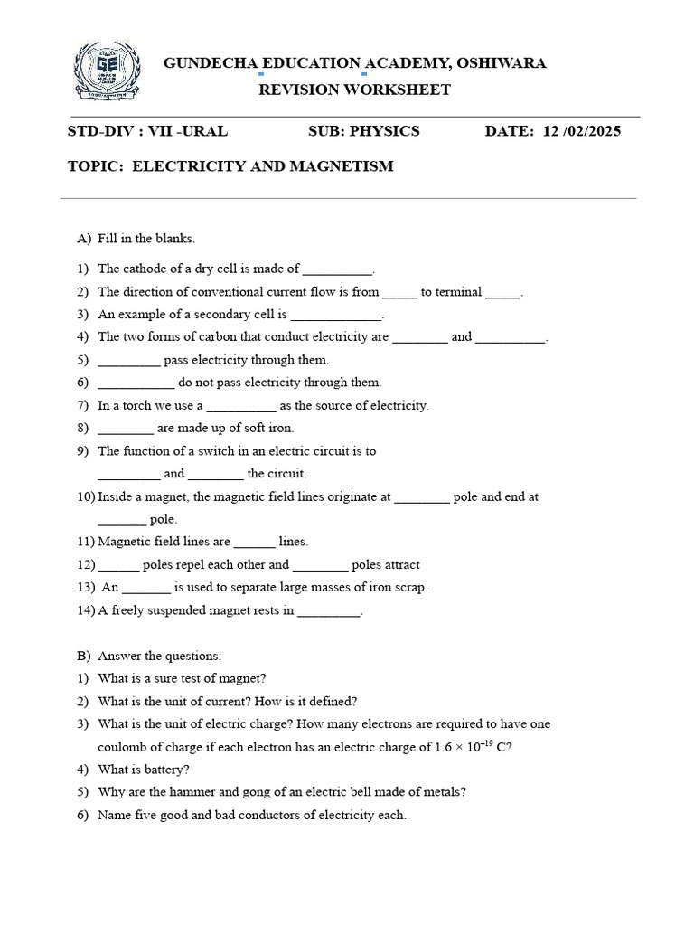 G7 WS PHY CHP7 ELECTRICITY AND MAGNETISM Docx | PDF | Electricity | Electric Current