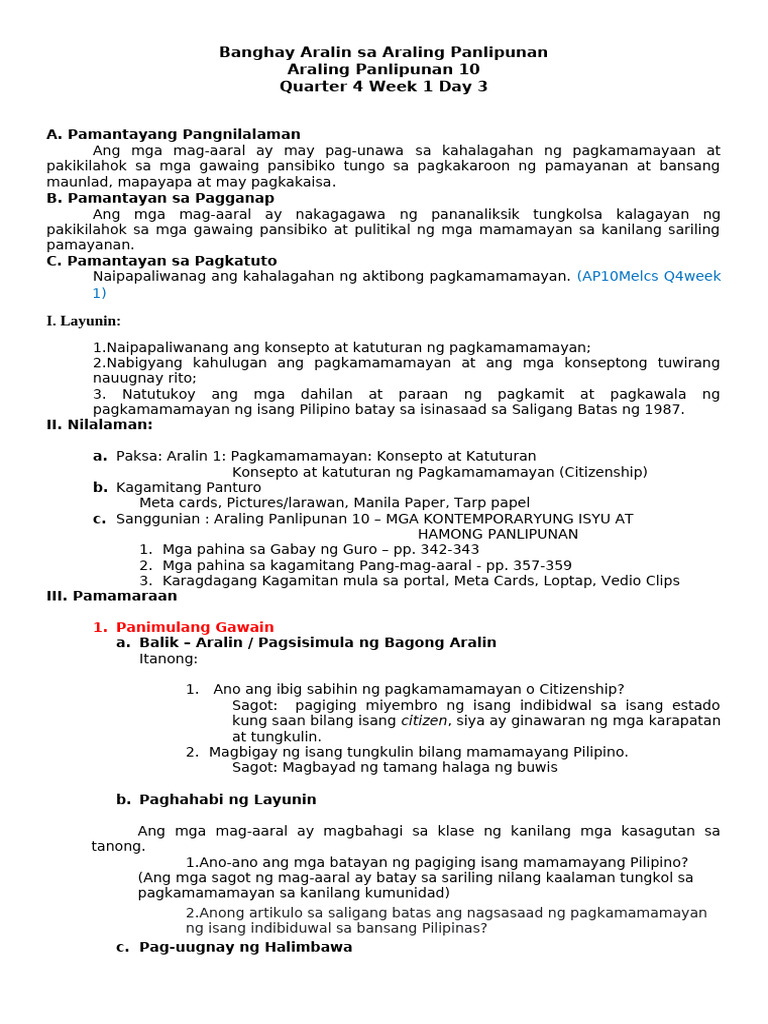 Banghay Aralin Sa Araling Panlipunan Araling Panlipunan 10 Quarter 4 Week 1 Day 3 | PDF