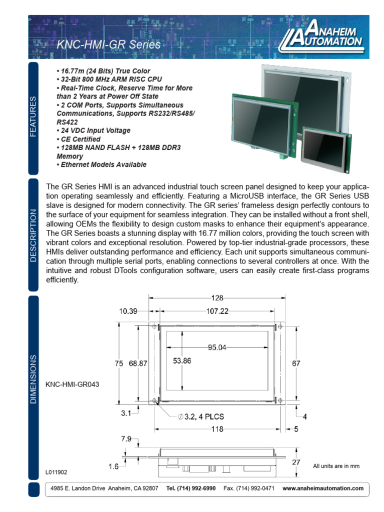 L011902 - KNC-HMI-GR Series Spec Sheet | PDF | Usb | Touchscreen