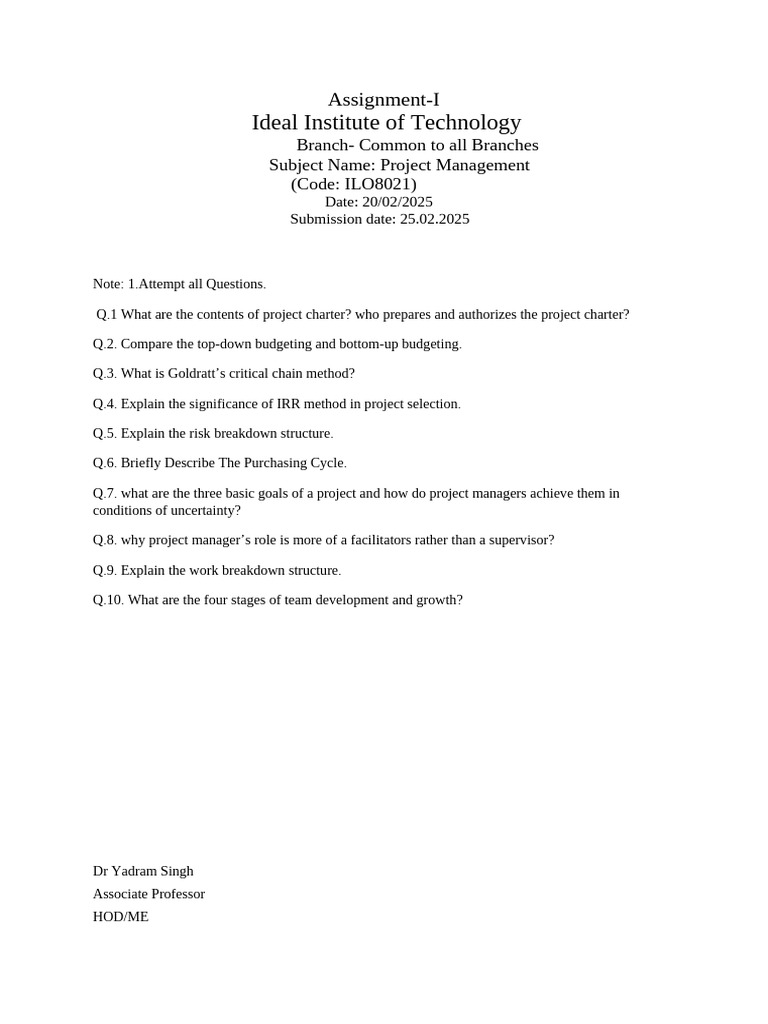 Project Management Assignment Questions | PDF