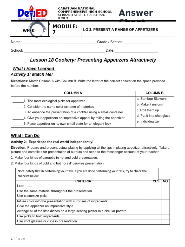 Cookery Week 7- Answer Sheet | PDF | Hors D'oeuvre | Foods