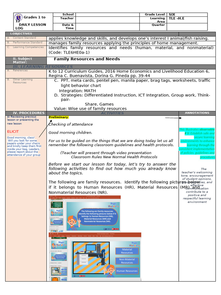 Cot Grade 6 Tle He Week 1 Family Resources and Needs | PDF | Teachers | Cognition