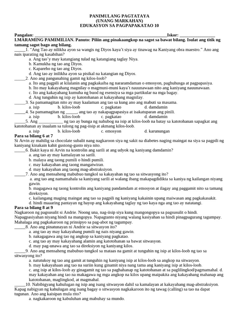 Grade 10 - 0 EsP Panimulang Pagsusulit.1 | PDF