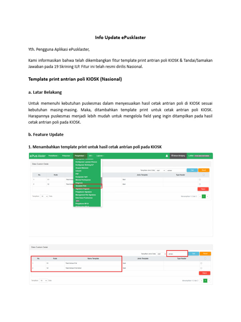Info Fitur Template Print Antrian Poli KIOSK & Tandai - Samakan Jawaban Pada 19 Skrining ILP | PDF