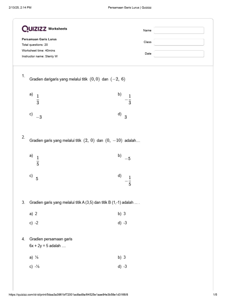 Quizizz - Persamaan Garis Lurus 2 | PDF