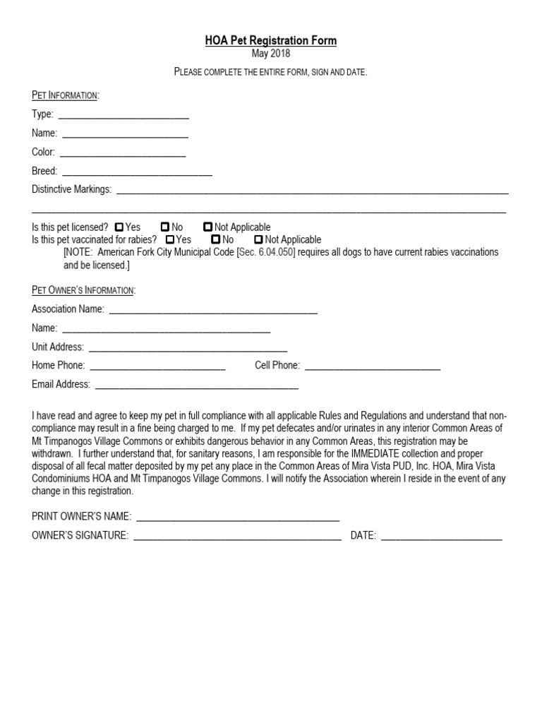 HOA Pet Registration Form | PDF