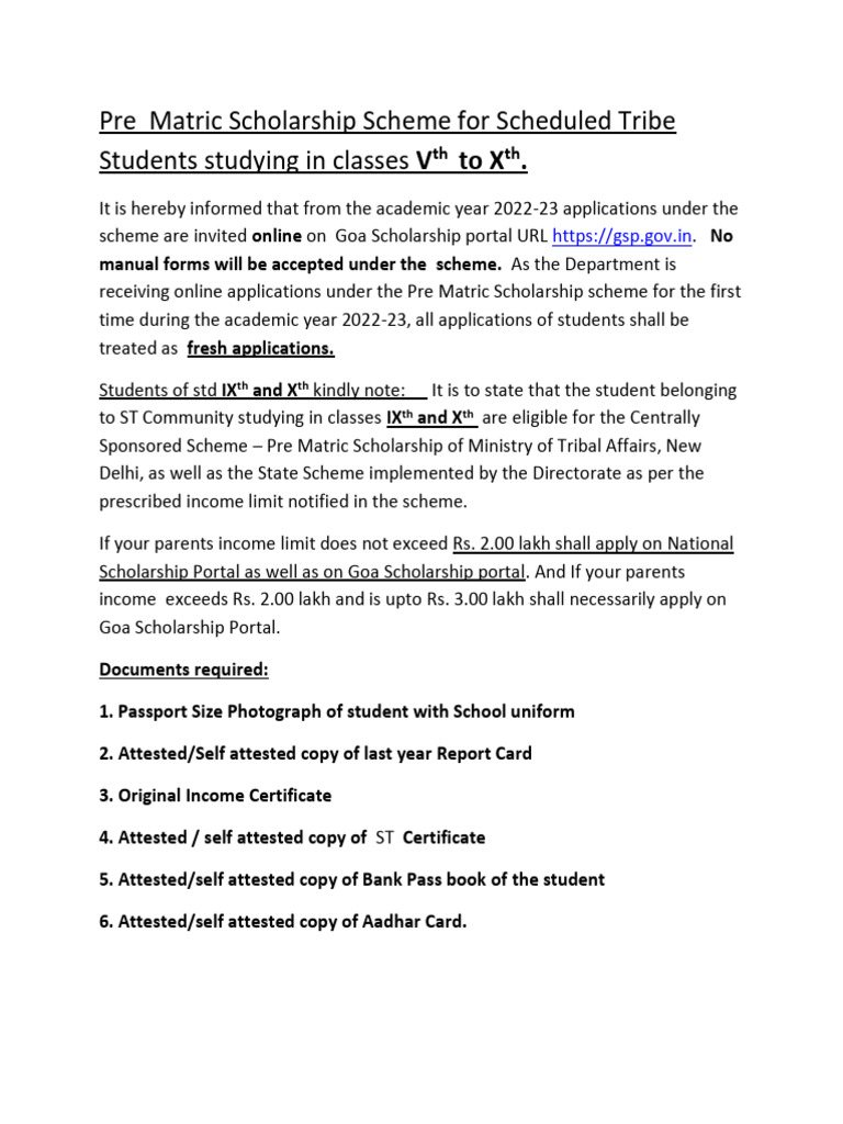 Pre Matric Scholarship Scheme For Scheduled Tribe Students Studying in ...