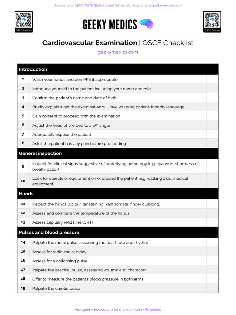 Cardiovascular Examination OSCE Checklist Geeky Medics | PDF | Cardiovascular System | Heart
