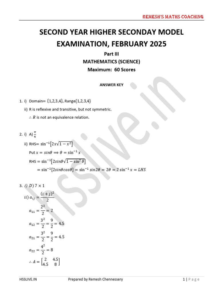 Hsslive Xii Maths Key Remesh Model 2025 | PDF | Mathematical Objects ...
