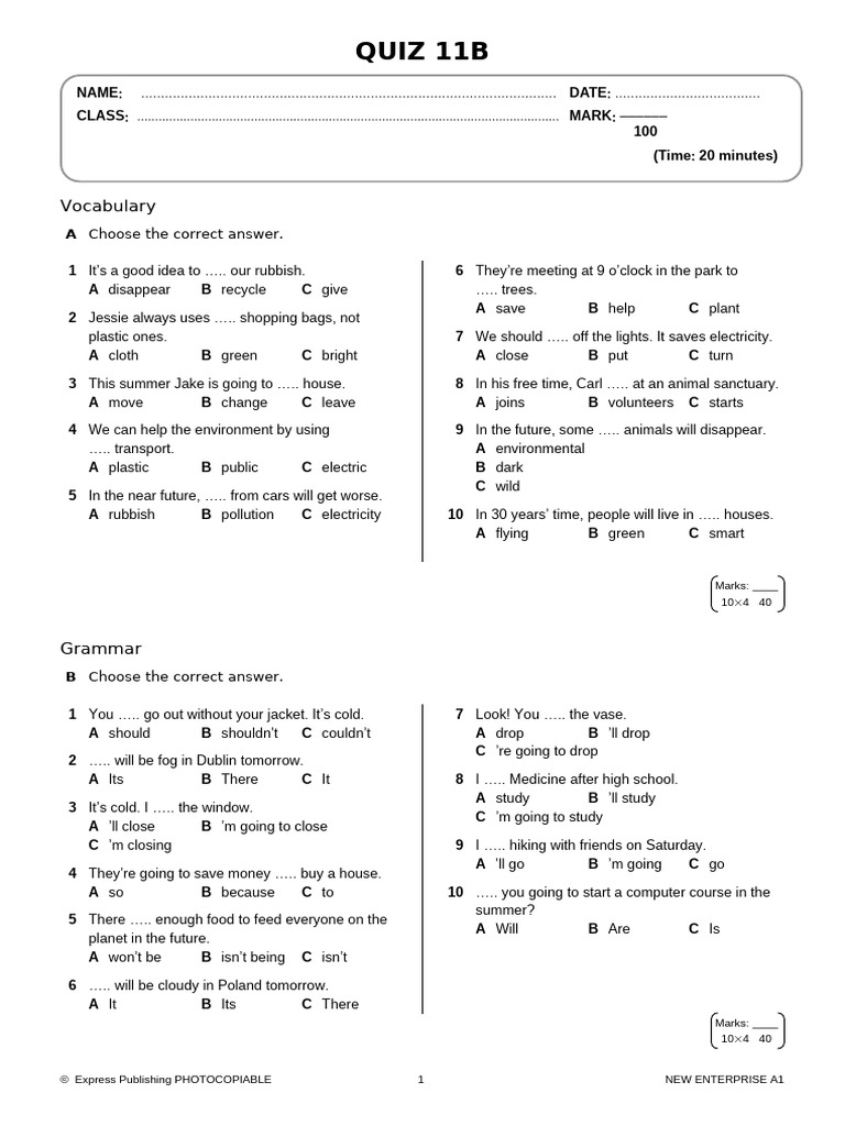 Vocabulary and Grammar Quiz 11B | PDF