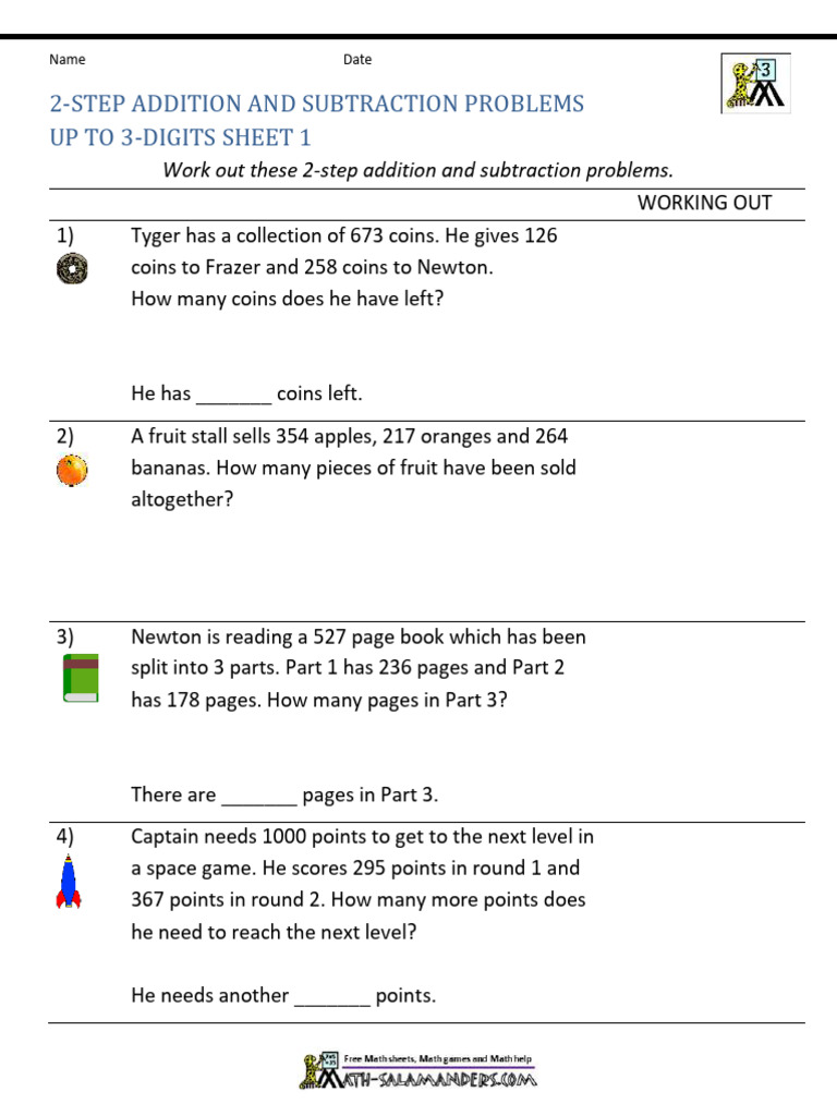 2 Step Addition Subtraction Problems Up To 3 Digits 1 | PDF | Fruit | Edible Fruits