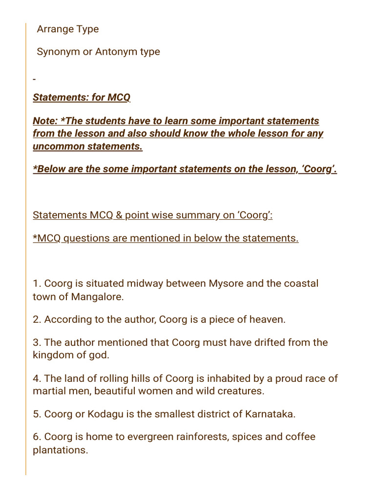 Coorg MCQ Questions Class 10 | PDF