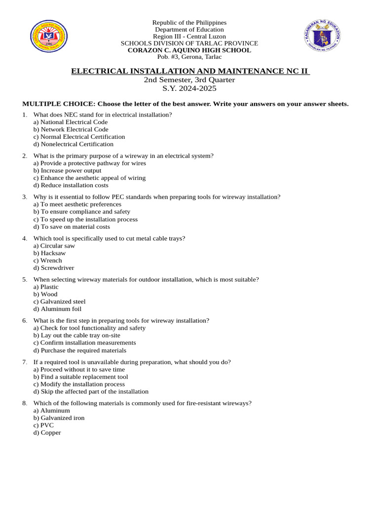 3rd Quarter Exam: Electrical Installation 2025 | PDF | Occupational ...