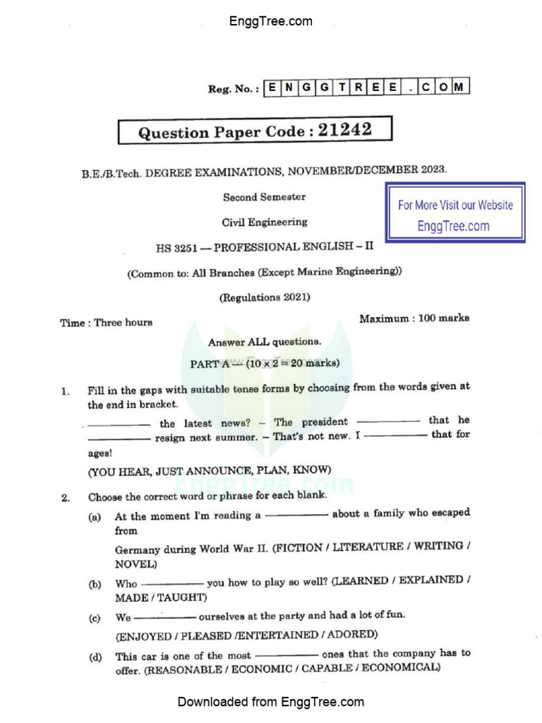 HS3251 Professional English II Nov Dec 2023 Question Paper | PDF