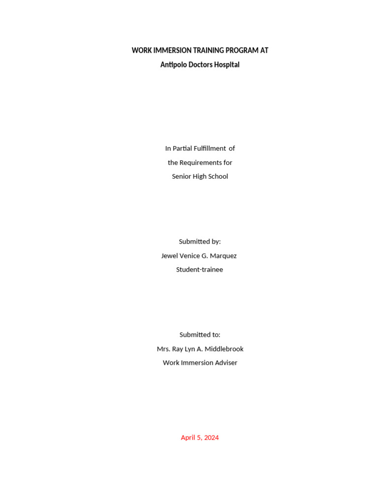 WORK IMMERSION FINAL PAPER - Franco-Onsite) | PDF | Hospital | Health Care