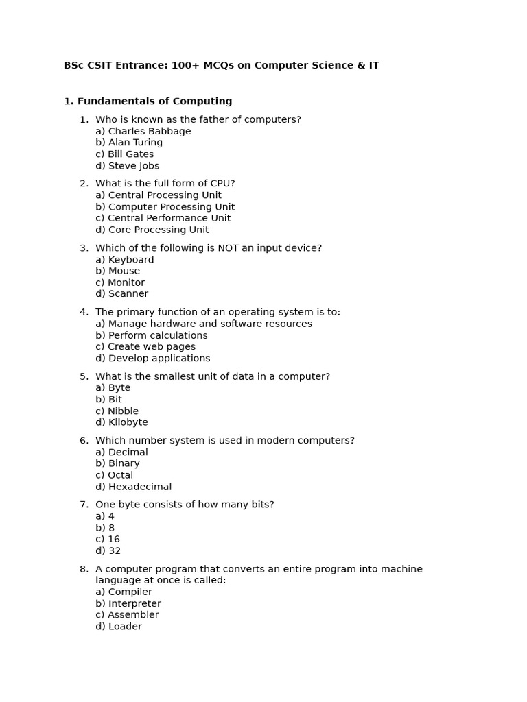 BSC CSIT Entrance Computer and General IT Questions | PDF | Computer ...