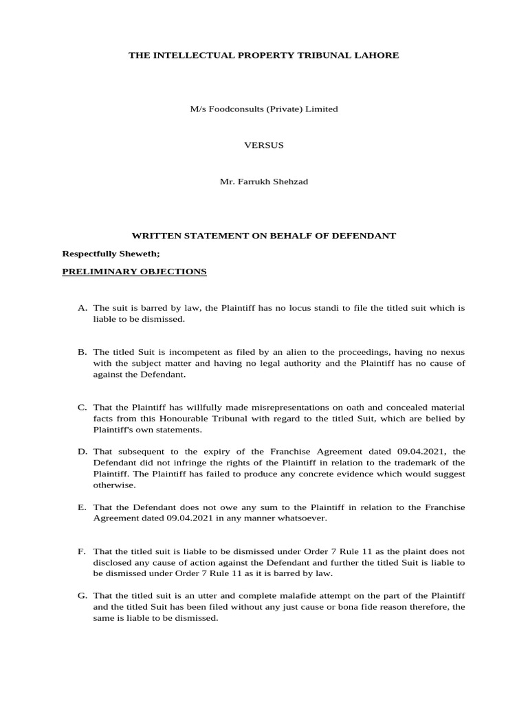Foodconsults Written Statement | PDF | Affidavit | Lawsuit