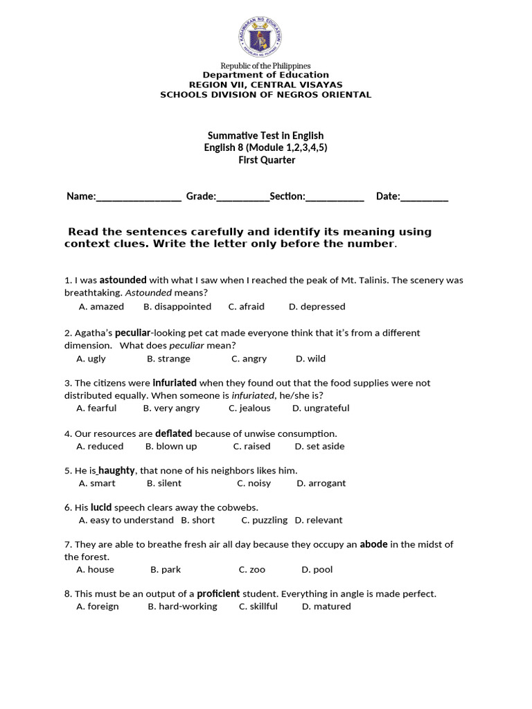 English 8 Summative Test: Context Clues | PDF