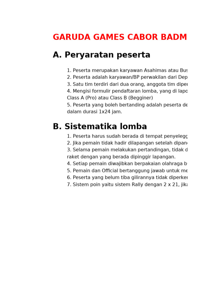 Garuda Games-Rule Cabor Badminton | PDF