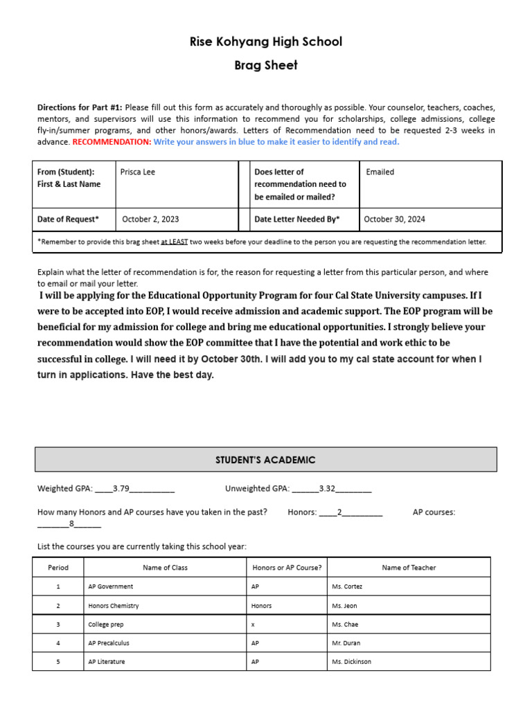Prisca Lee - Brag Sheet 24-25 | PDF | Feeling | College Admissions In ...