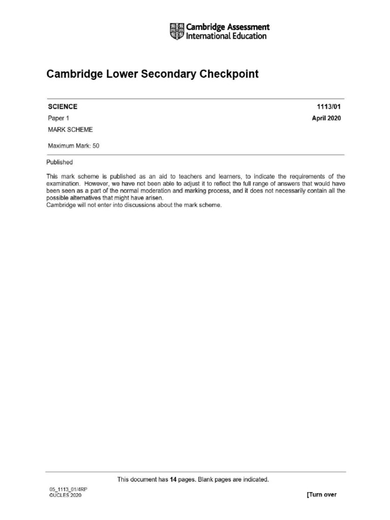 April 2020 CAIE P1 Mark Schemes 1113 Science Specimen Cambridge Lower ...