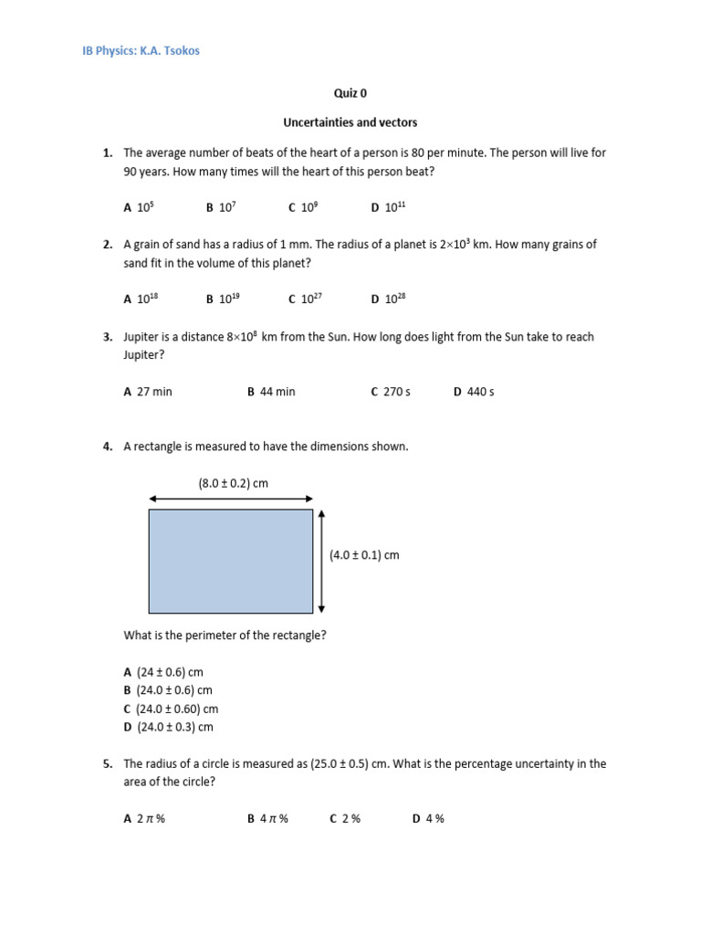Quiz 0 Uncertainties and Vectors | PDF | Volume | Sphere