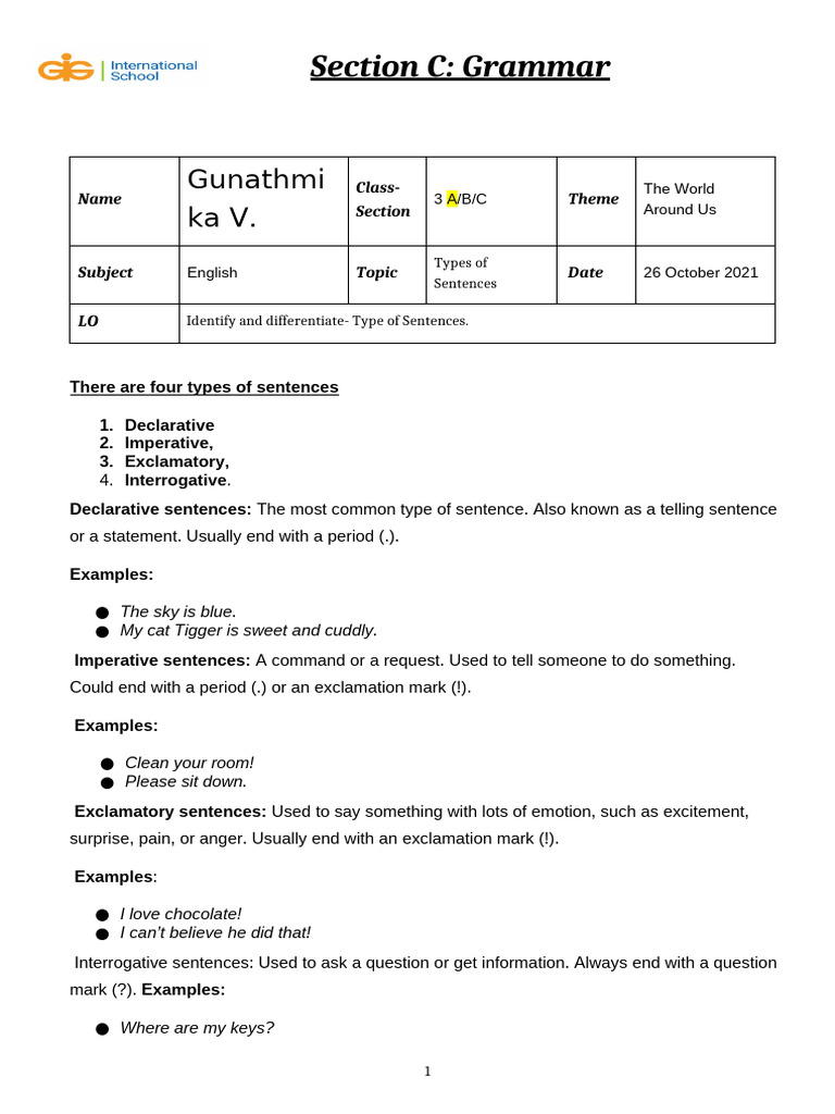 Types of Sentences Grade 3 | PDF
