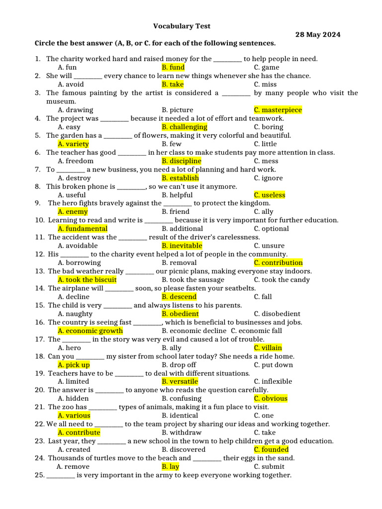 8A1 - 28.5 - Vocabulary Test | PDF