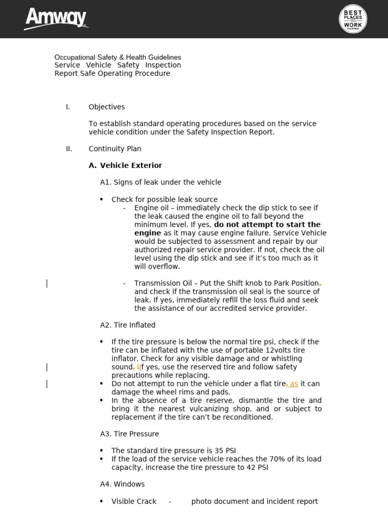 OSH Guidelines (Safe Operating Procedures) Safety Inspection Report ...