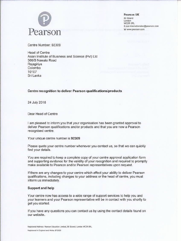 Pearson Centre Approval | PDF