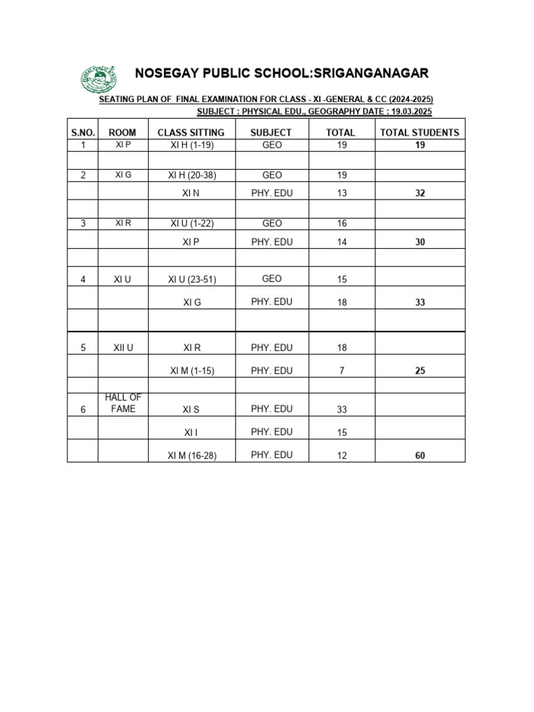 Seating Plan of Final Examination for Class - Xi -General & Cc (2024-2025) Subject Physical Edu ...