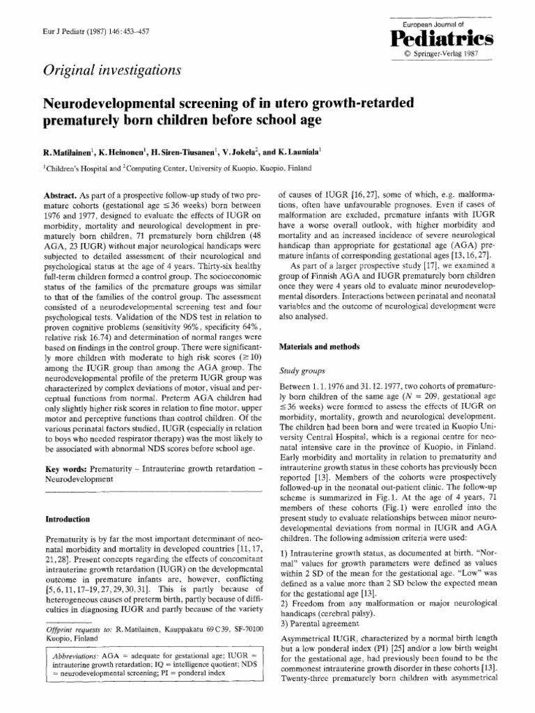Neurodevelopmental Screening of in Utero Growth-Retarded Prematurely Born Children Before School ...