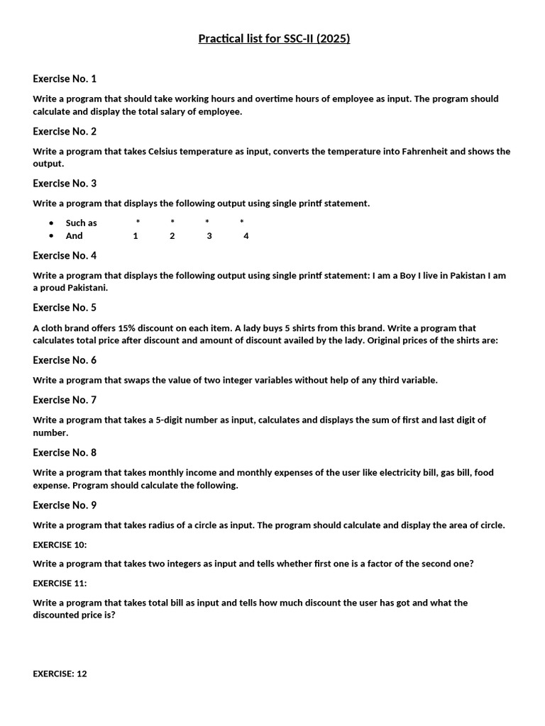 CS Practical List For SSC 2 | PDF