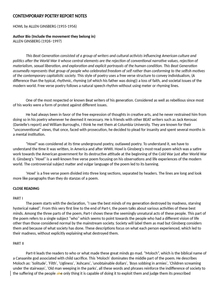 Howl Poetry Report Notes | PDF | Beat Generation | Allen Ginsberg