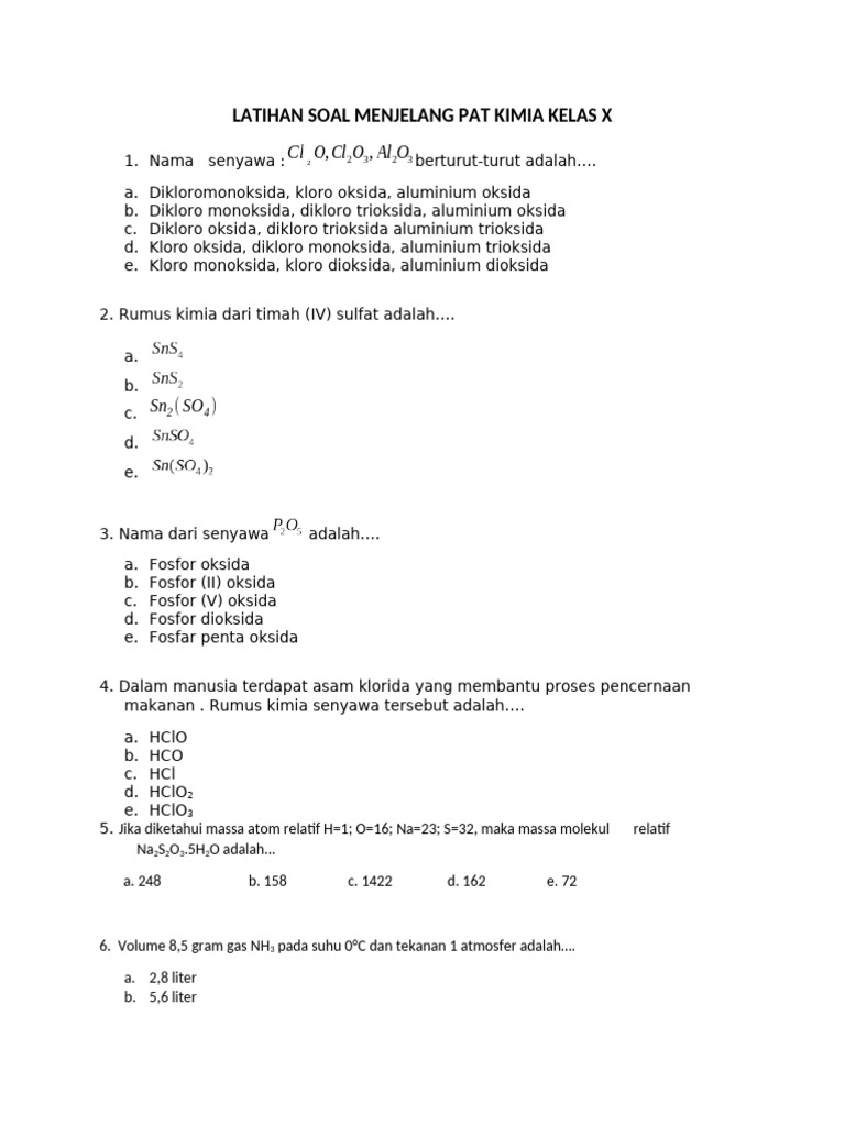 Latihan Soal Menjelang Pat Kimia Kelas x 2023 | PDF