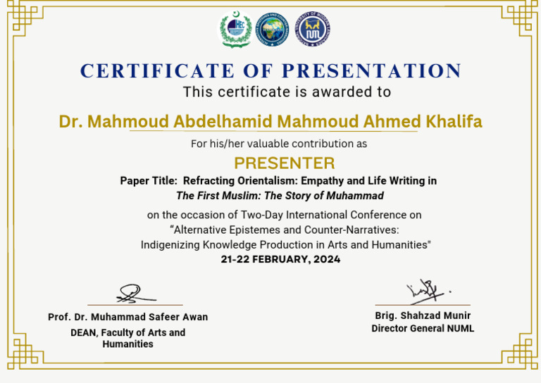 Conference Presentation Certificate | PDF