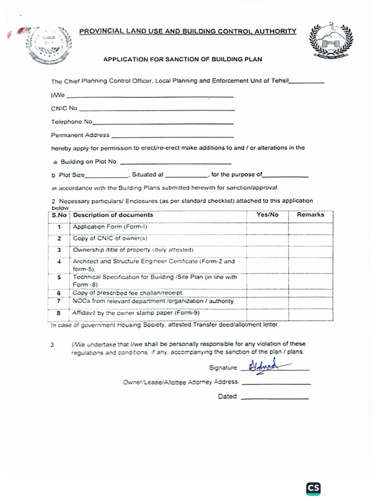 Land Use Permission Form TMA KPK, Pakistan | PDF