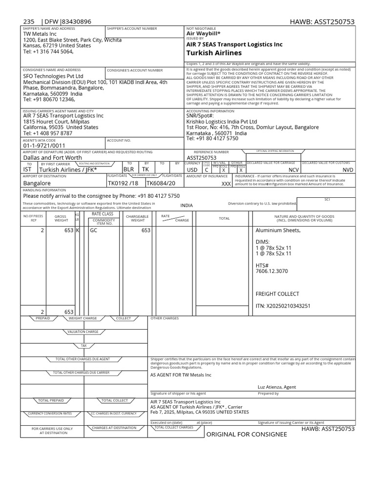 Air Exports House Air Waybill - ASST250753 | PDF