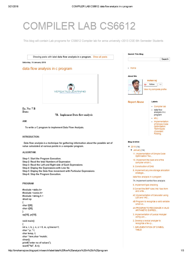 COMPILER LAB CS6612 - Data Flow Analysis in C Program | PDF | Computer Program | Programming