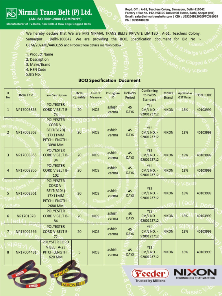 BOQ Specification for Polyester V Belts | PDF