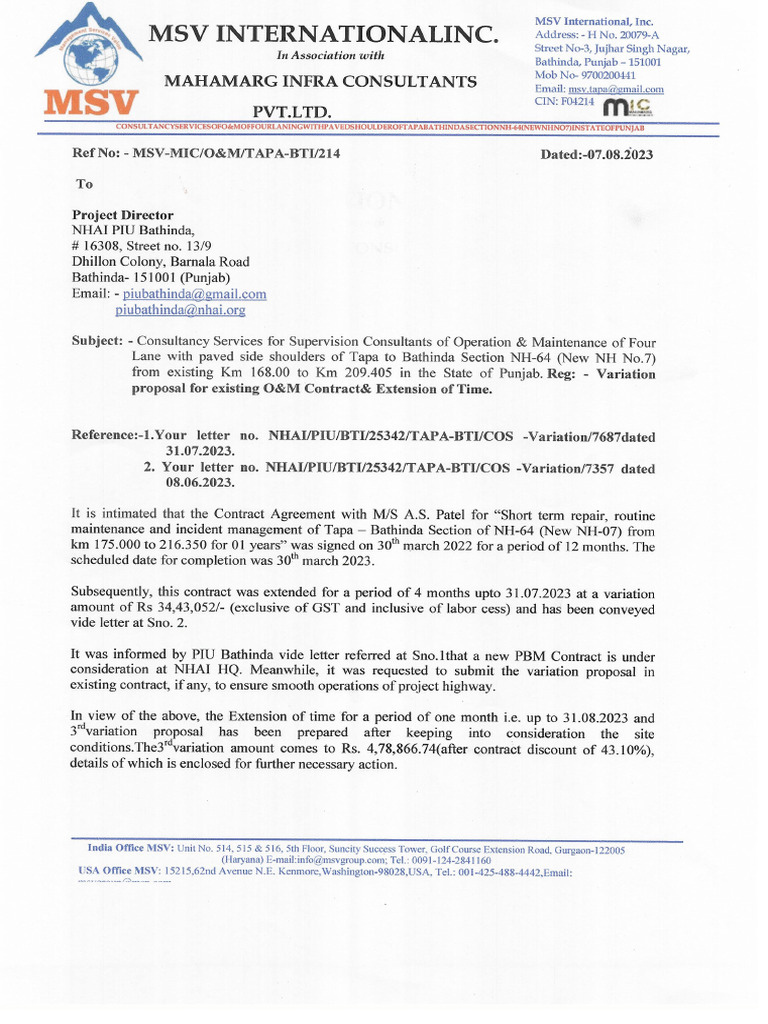214 DT 07-08-2023 Reg Variation Proposal For Existing O&M Contract | PDF