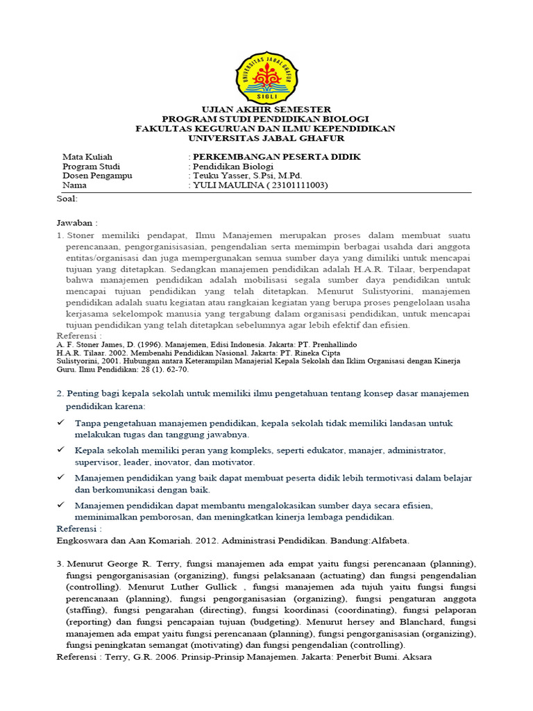 Yuli Maulina ( 23101111003) Soal Ujian Tengah Semester Strategi Belajar Mengajar Program Studi ...