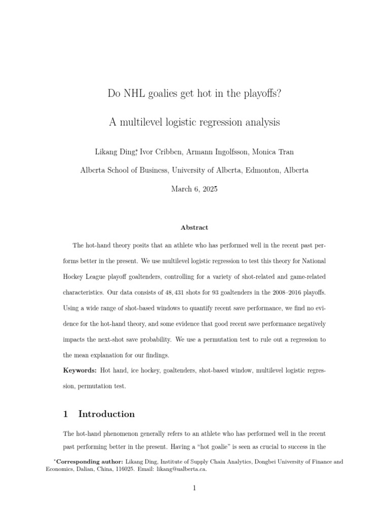 The Hot Hand Theory in Hockey | PDF | Statistics | Statistical Theory